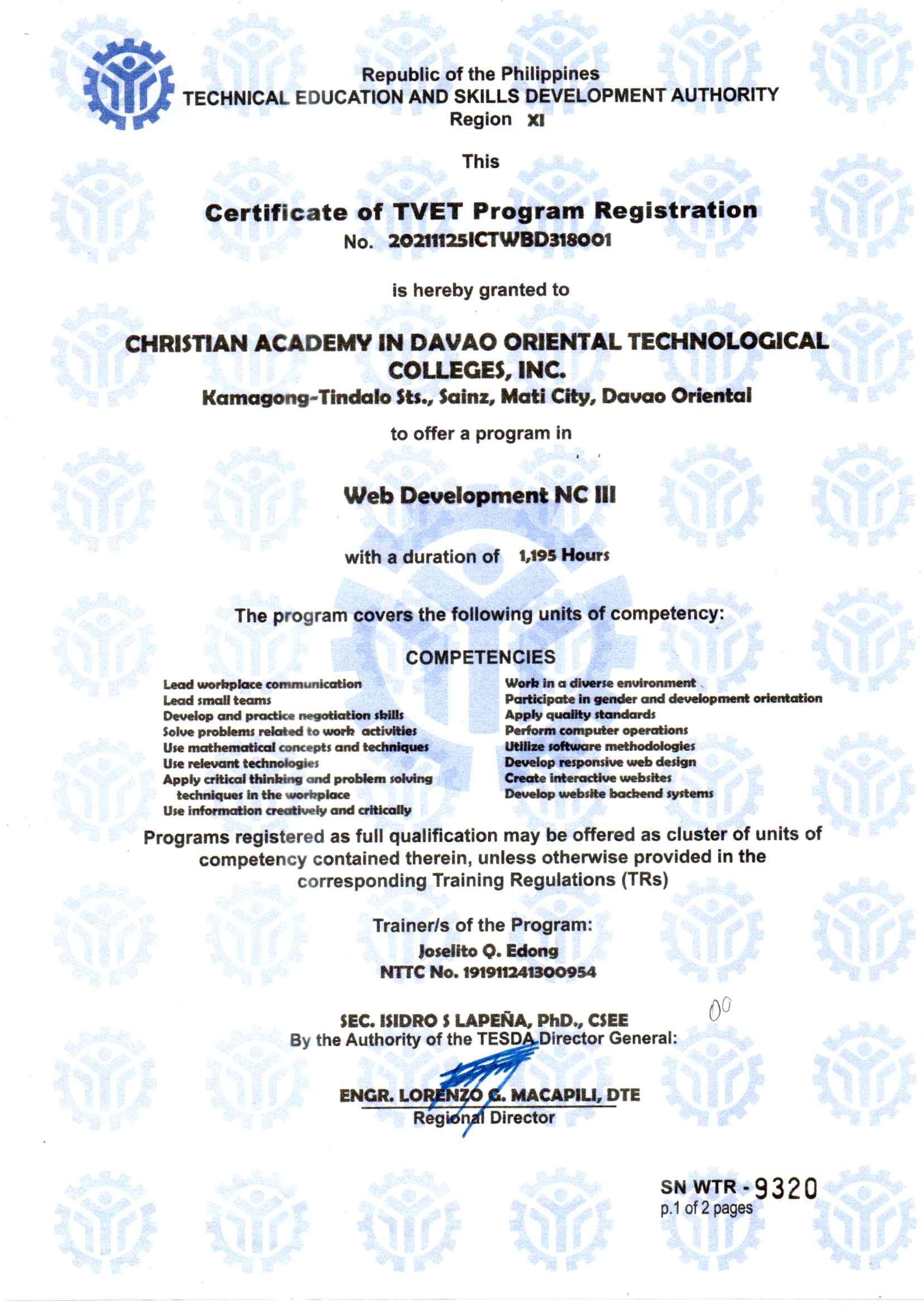 Web Development NC III – CTPR – CANDOR TCI
